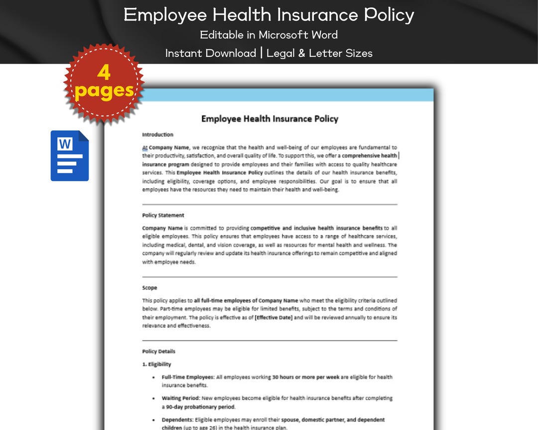 Employee Health Insurance Policy Editable Template | Health & Wellness ...