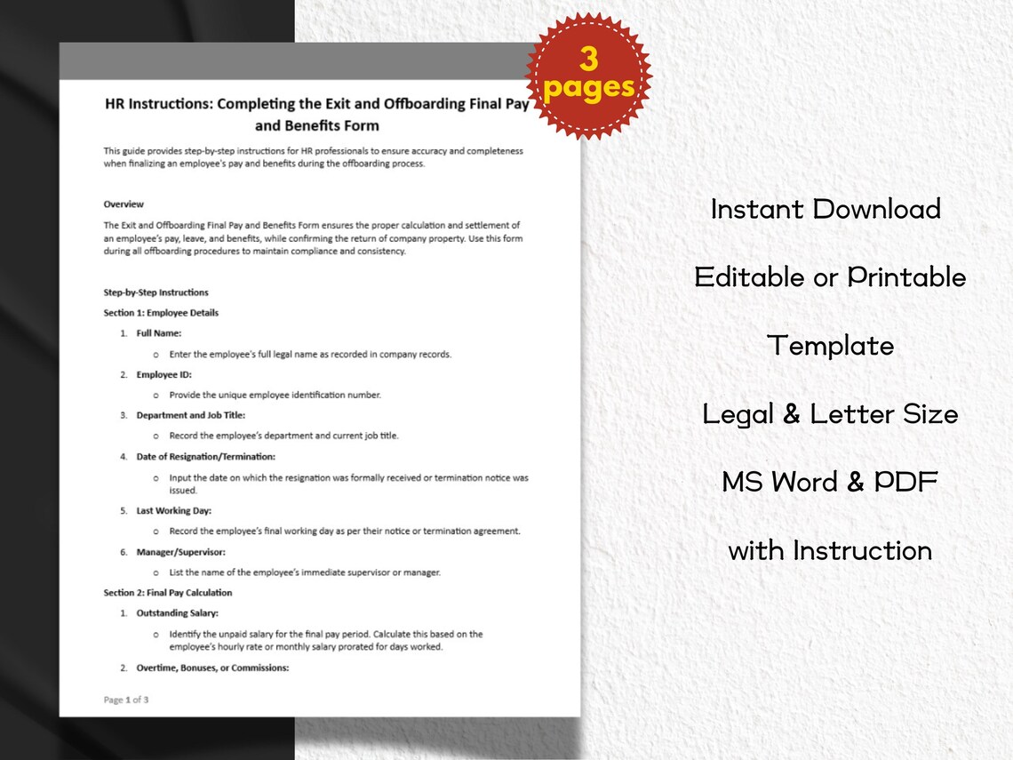 Final Pay and Benefits Form Editable and Printable Template | HR ...