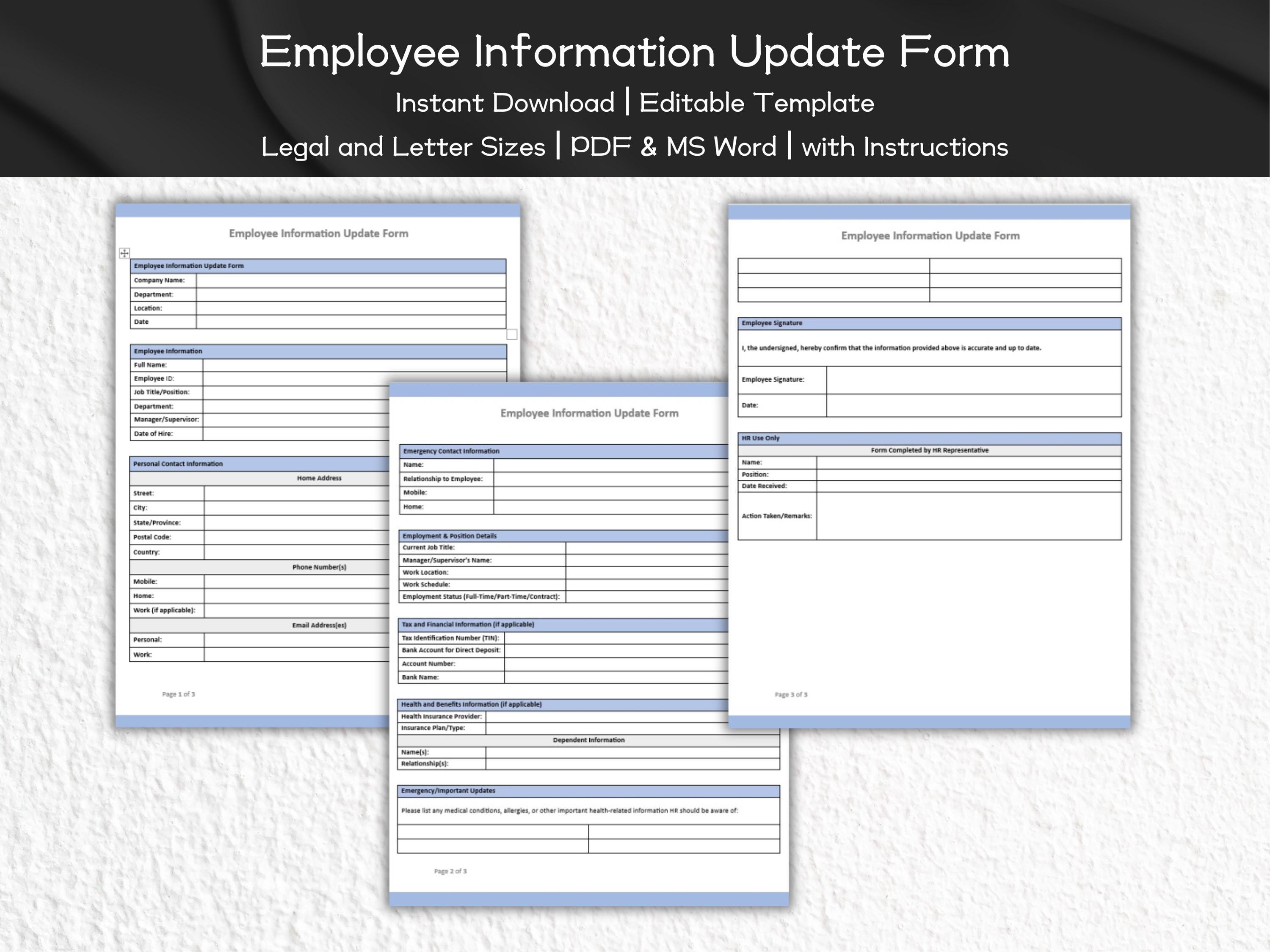 Employee Information Update Form Editable and Printable Template | HR ...