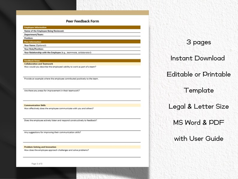 Peer Feedback Form Editable and Printable | Employee Management | Human ...