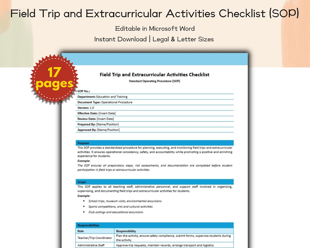 Field Trip and Extracurricular Activities Checklist SOP Editable and ...