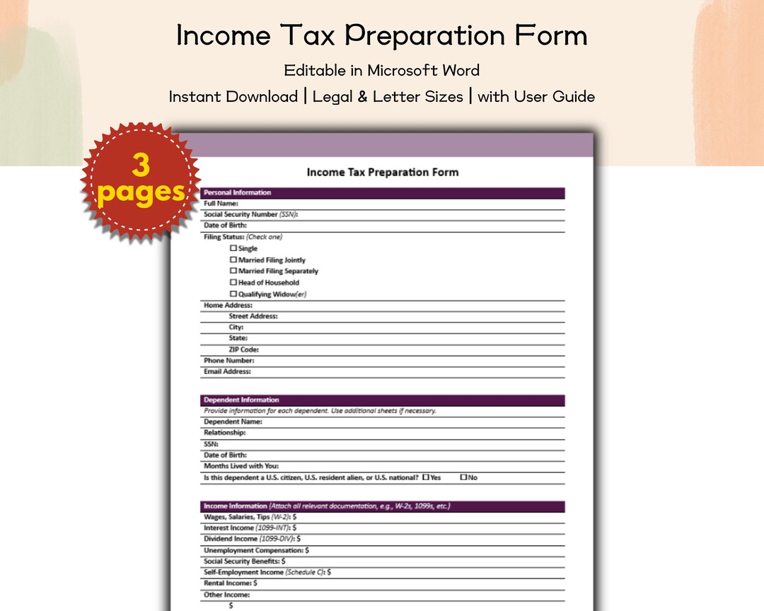 Income Tax Preparation Form – Editable and Printable Template for ...
