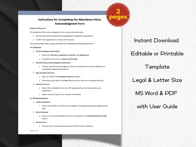 Attendance Policy Acknowledgment Form Editable and Printable Template ...
