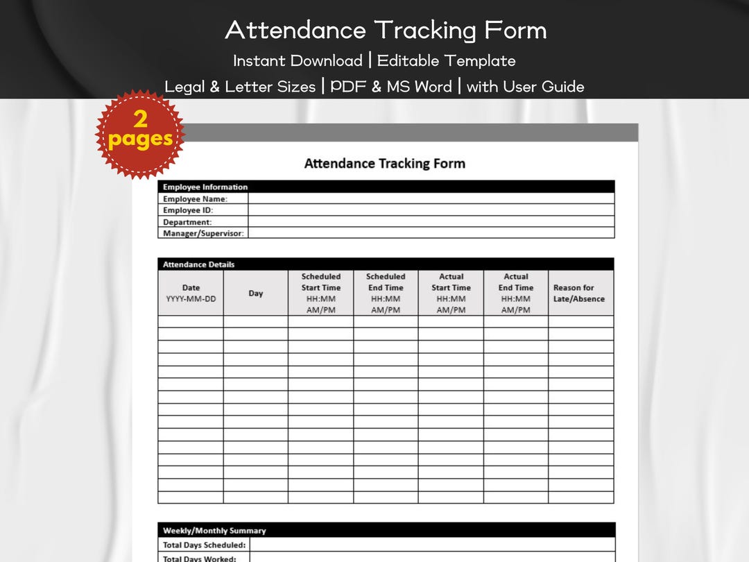 Attendance Tracking Form Editable and Printable Template | Employee ...