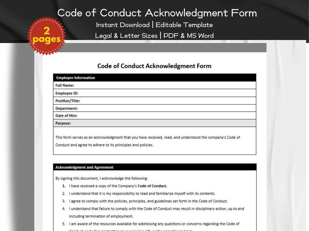 Code of Conduct Acknowledgment Form Editable and Printable Template ...