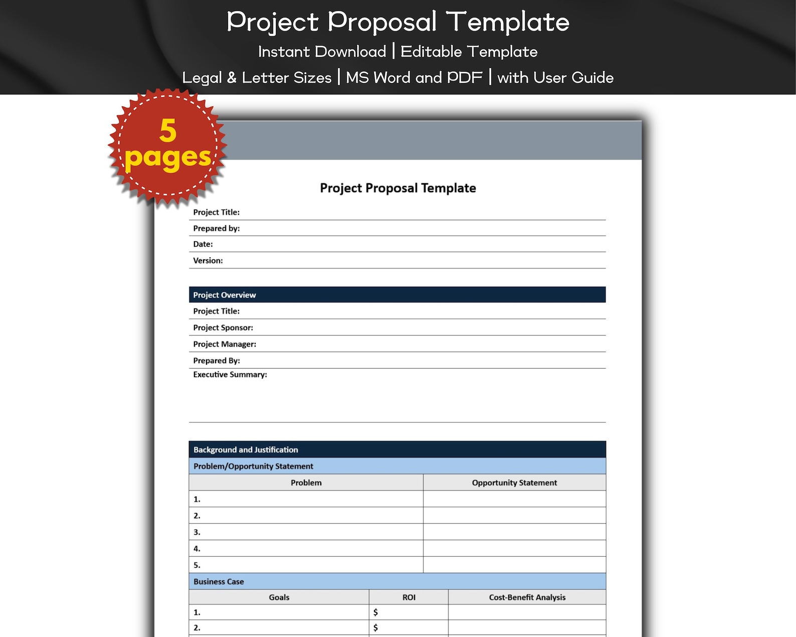 Project Proposal Template Editable and Printable | Project Initiation ...