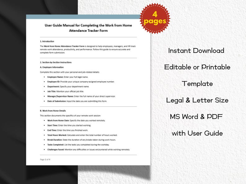 Work From Home Attendance Tracker Form Editable and Printable Template ...