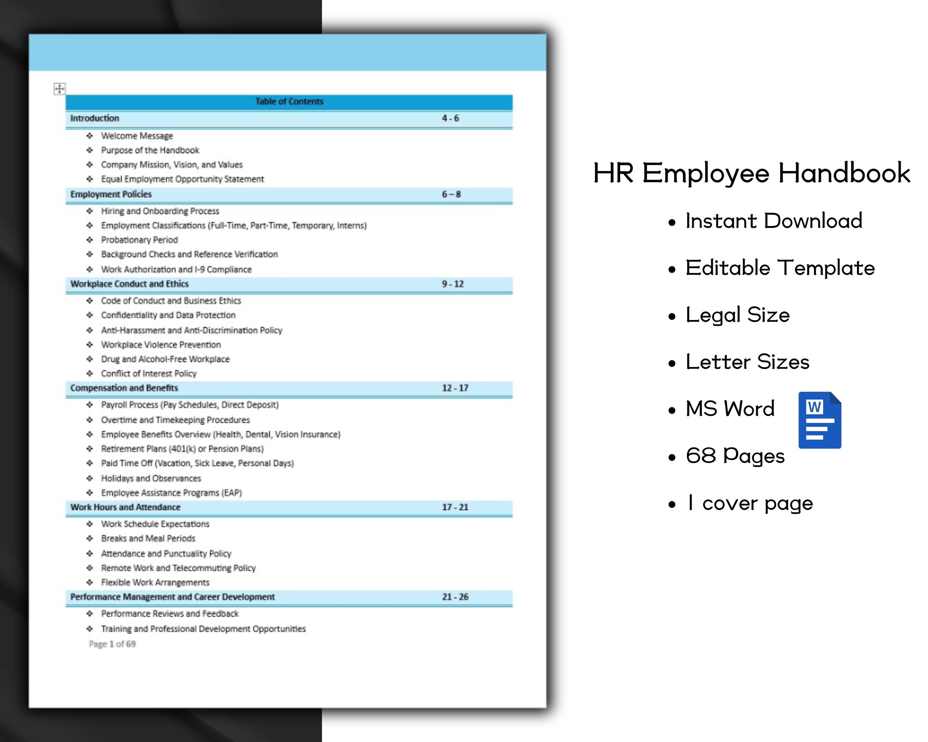 Employee Handbook Editable and Printable Template | Employee Management ...