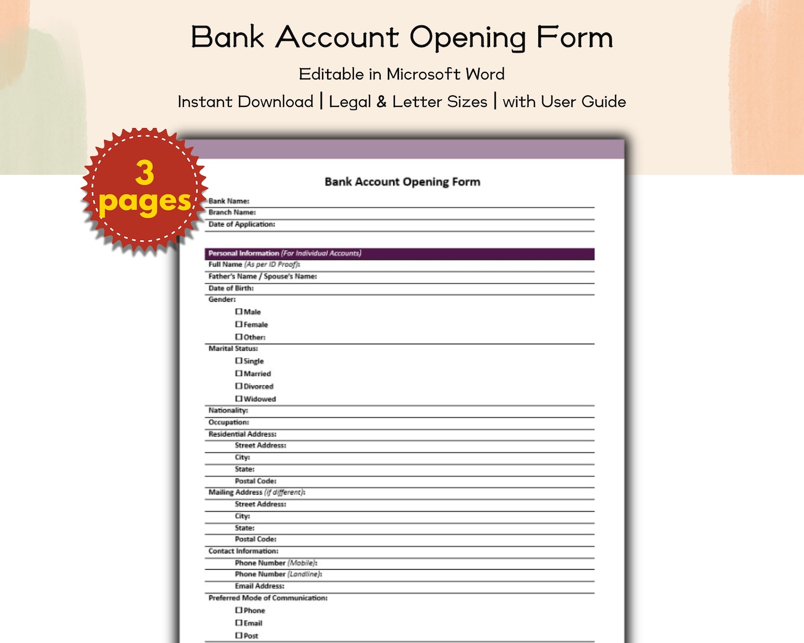 Bank Account Opening Form – Editable and Printable Template for ...