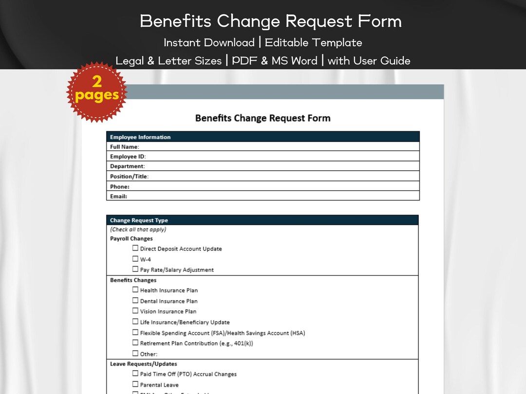 Benefits Change Request Form Editable and Printable Template | Employee ...