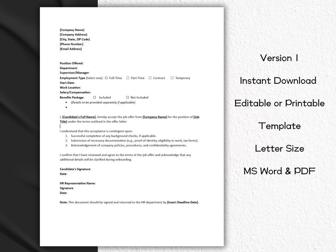 Job Offer Acceptance Form Editable and Printable Template | Editable ...
