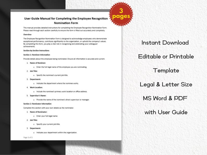Employee Recognition Nomination Form Editable and Printable Template ...