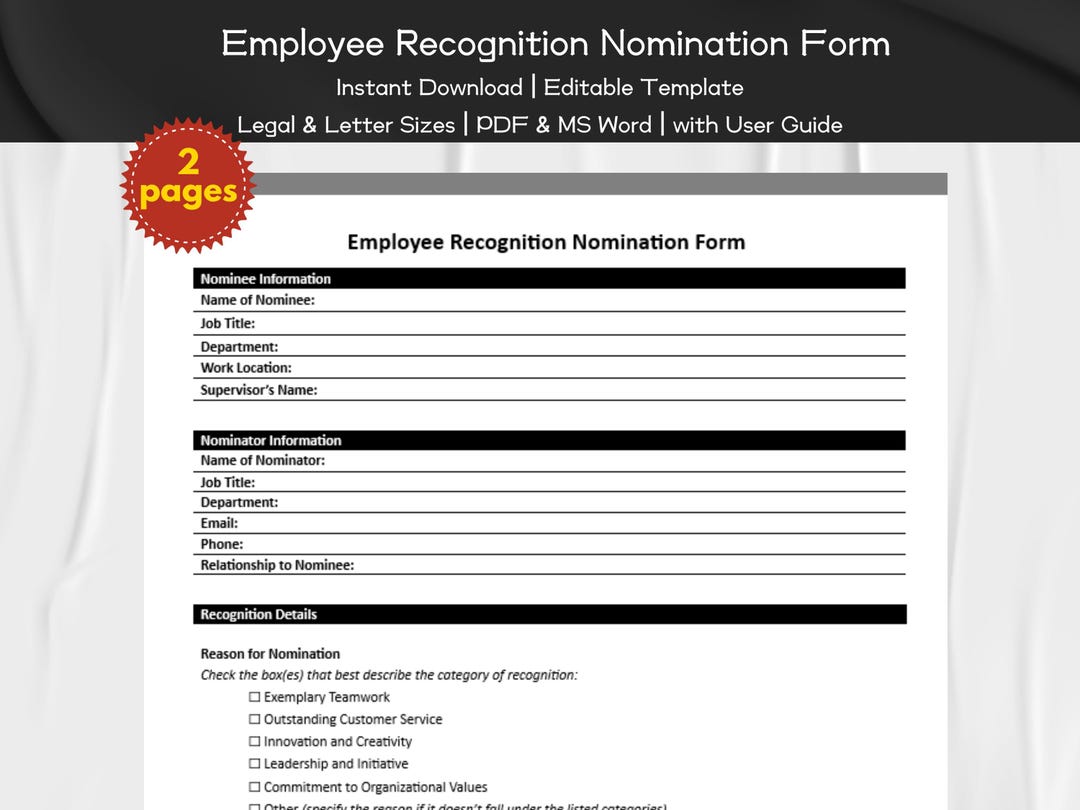 Employee Recognition Nomination Form Editable and Printable Template ...