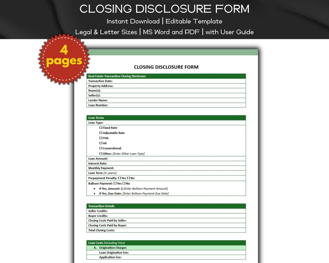 Closing Disclosure Form Real Estate Editable and Printable Template | Agent Marketing | Real ...
