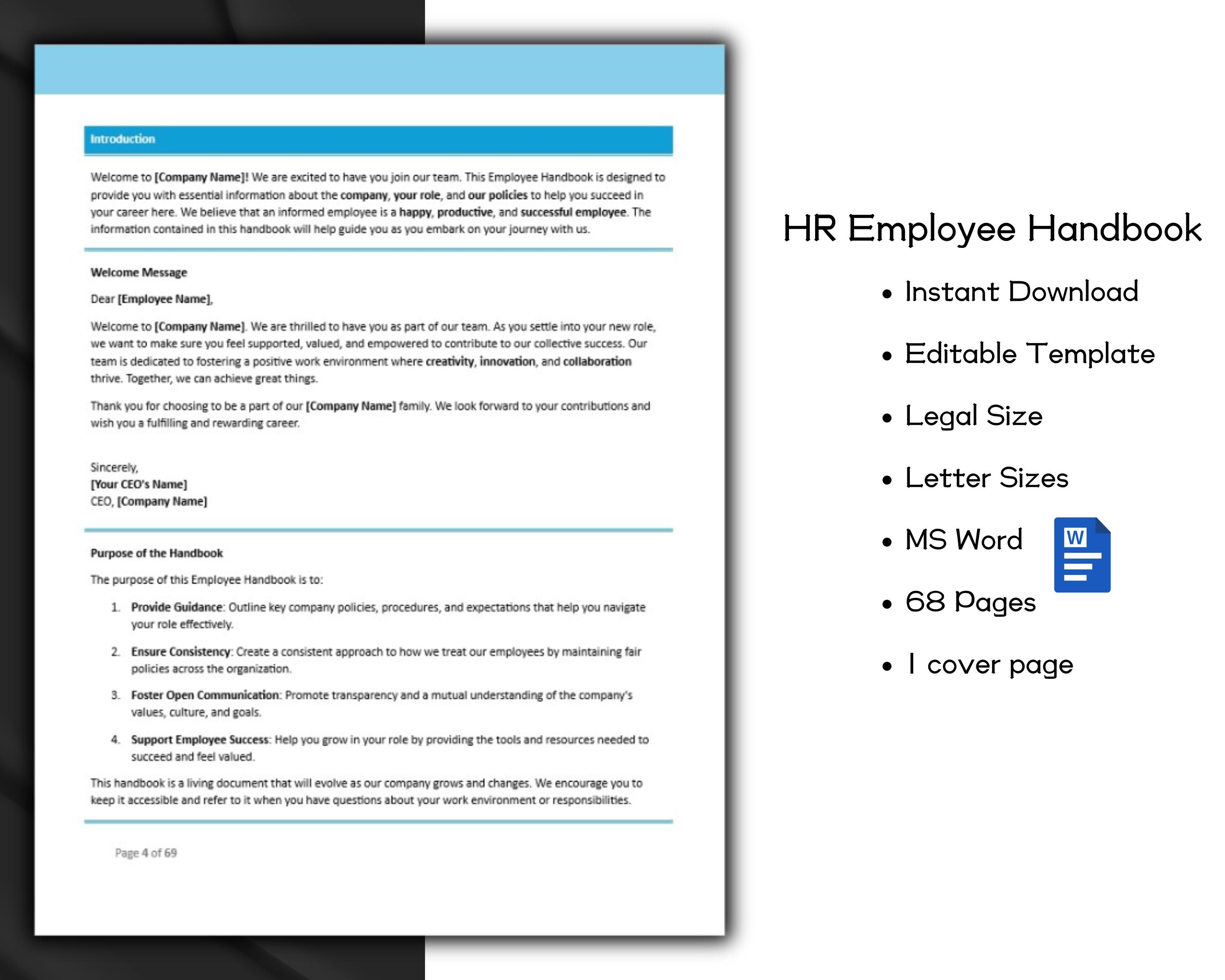 Employee Handbook Editable and Printable Template | Employee Management ...
