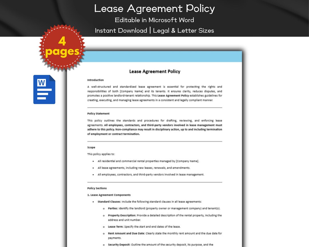 Lease Agreement Policy Editable Template | Real Estate and Property ...