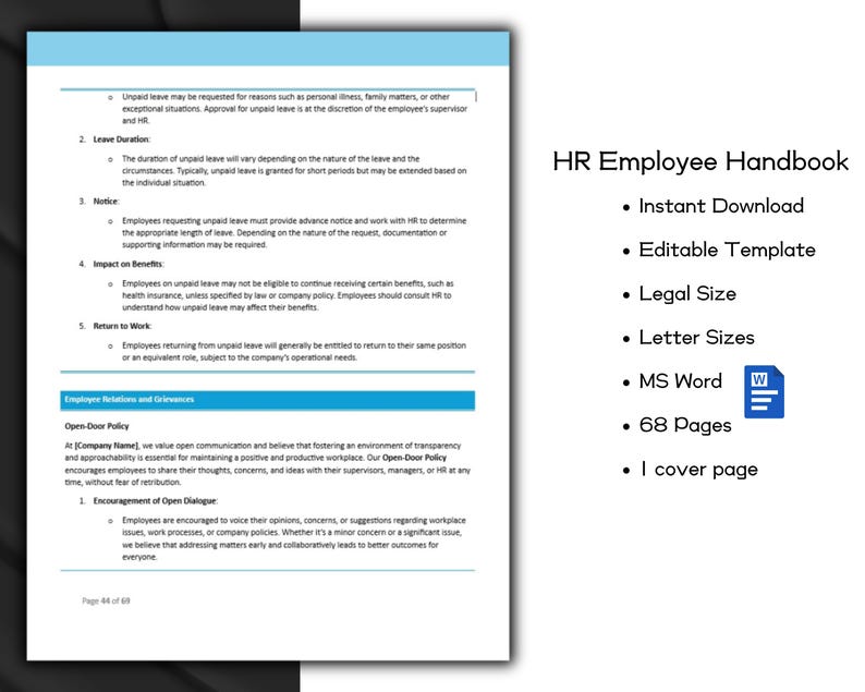 Employee Handbook Editable and Printable Template | Employee Management ...