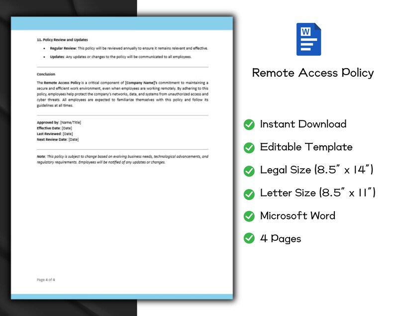 Remote Access Policy Editable Template | Human Resource Policy ...