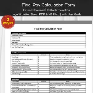 Final Pay Calculation Form Editable and Printable Template | Employee ...