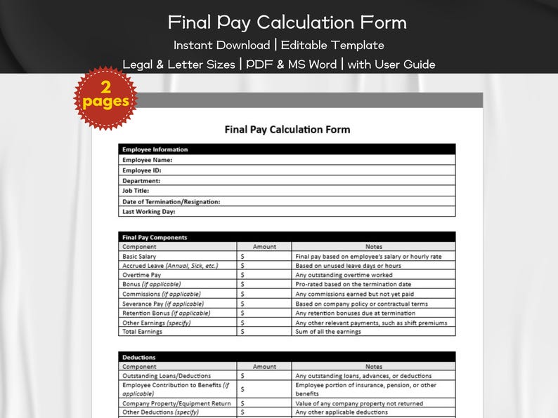 Final Pay Calculation Form Editable and Printable Template | Employee ...