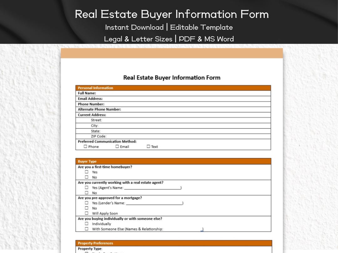 Real Estate Home Buyer Information Form Editable and Printable Template ...