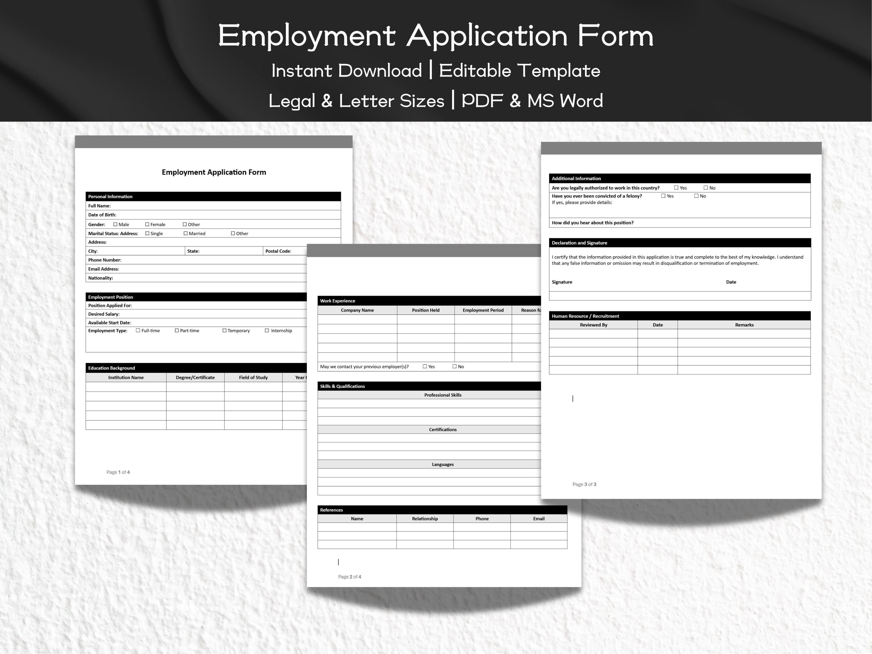 Employment Application Form Editable and Printable Template ...