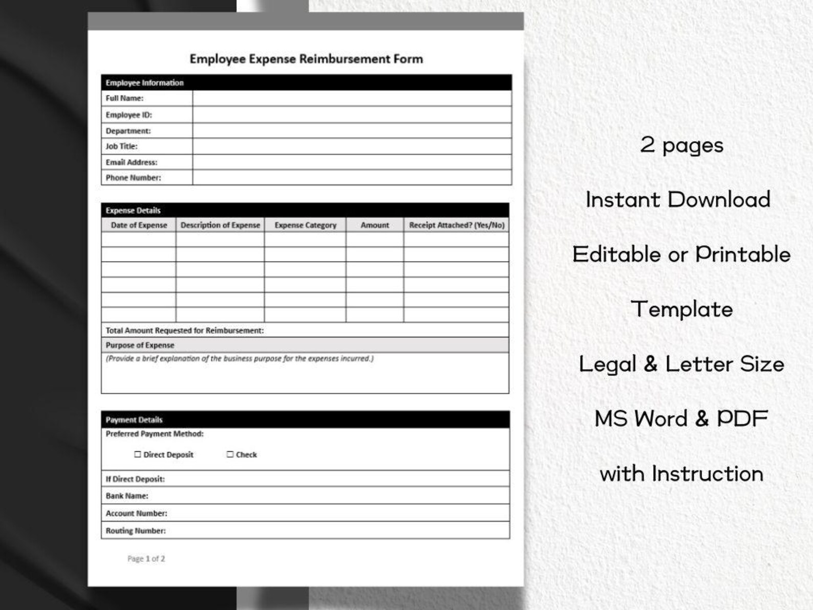 Employee Expense Reimbursement Form Editable and Printable Template ...