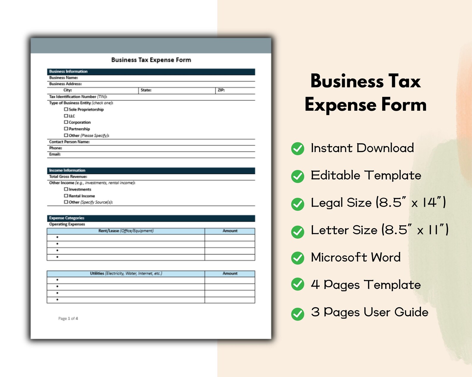 Business Tax Expense Form – Editable and Printable Template for ...
