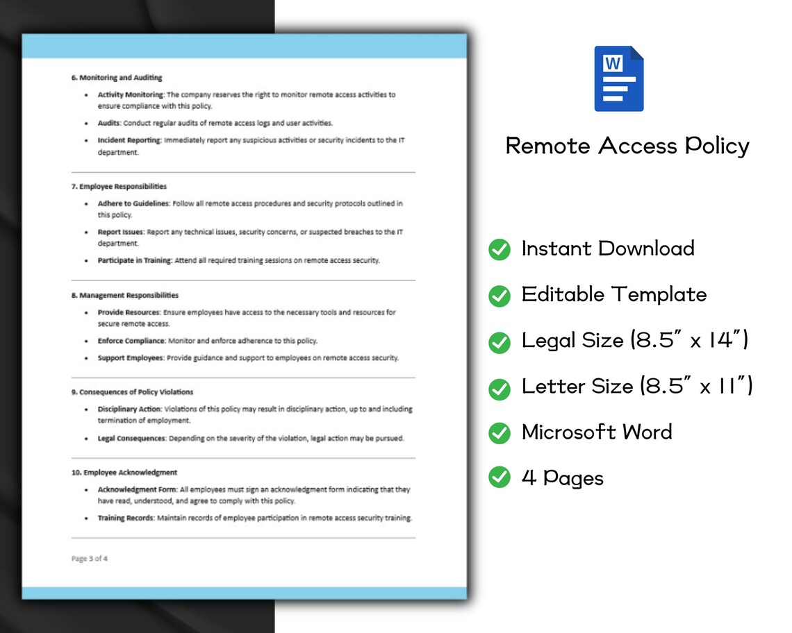 Remote Access Policy Editable Template | Human Resource Policy ...