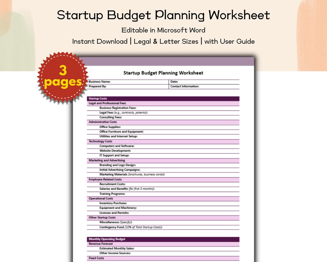 Startup Budget Planning Worksheet – Editable and Printable Template for ...