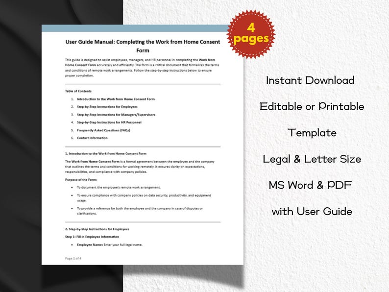 Work From Home Consent Form Editable and Printable Template | Work From ...