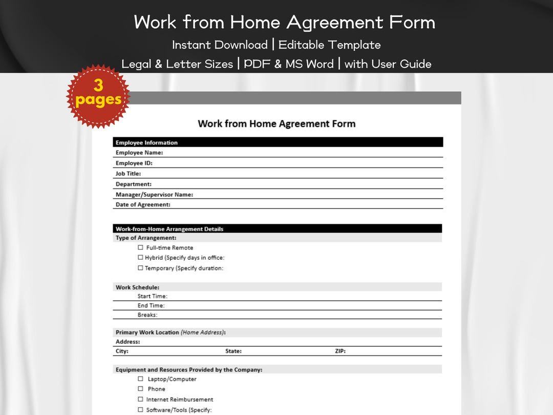 Work From Home Agreement Form Editable and Printable Template | Work ...
