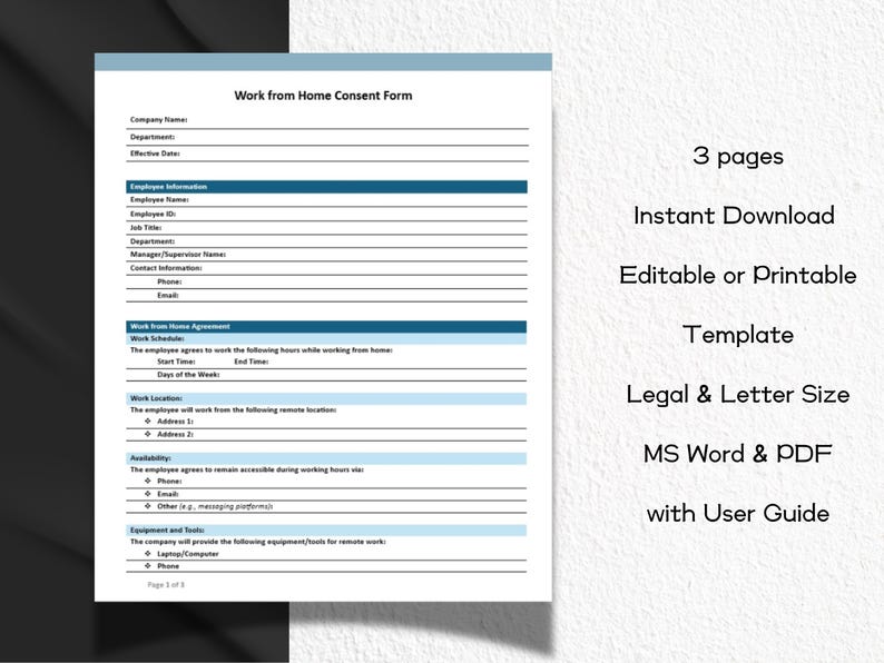 Work From Home Consent Form Editable and Printable Template | Work From ...