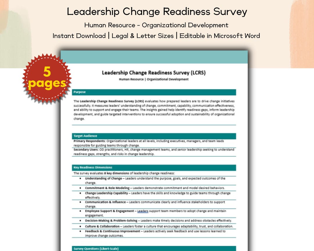 Leadership Change Readiness Survey Editable and Printable Template ...