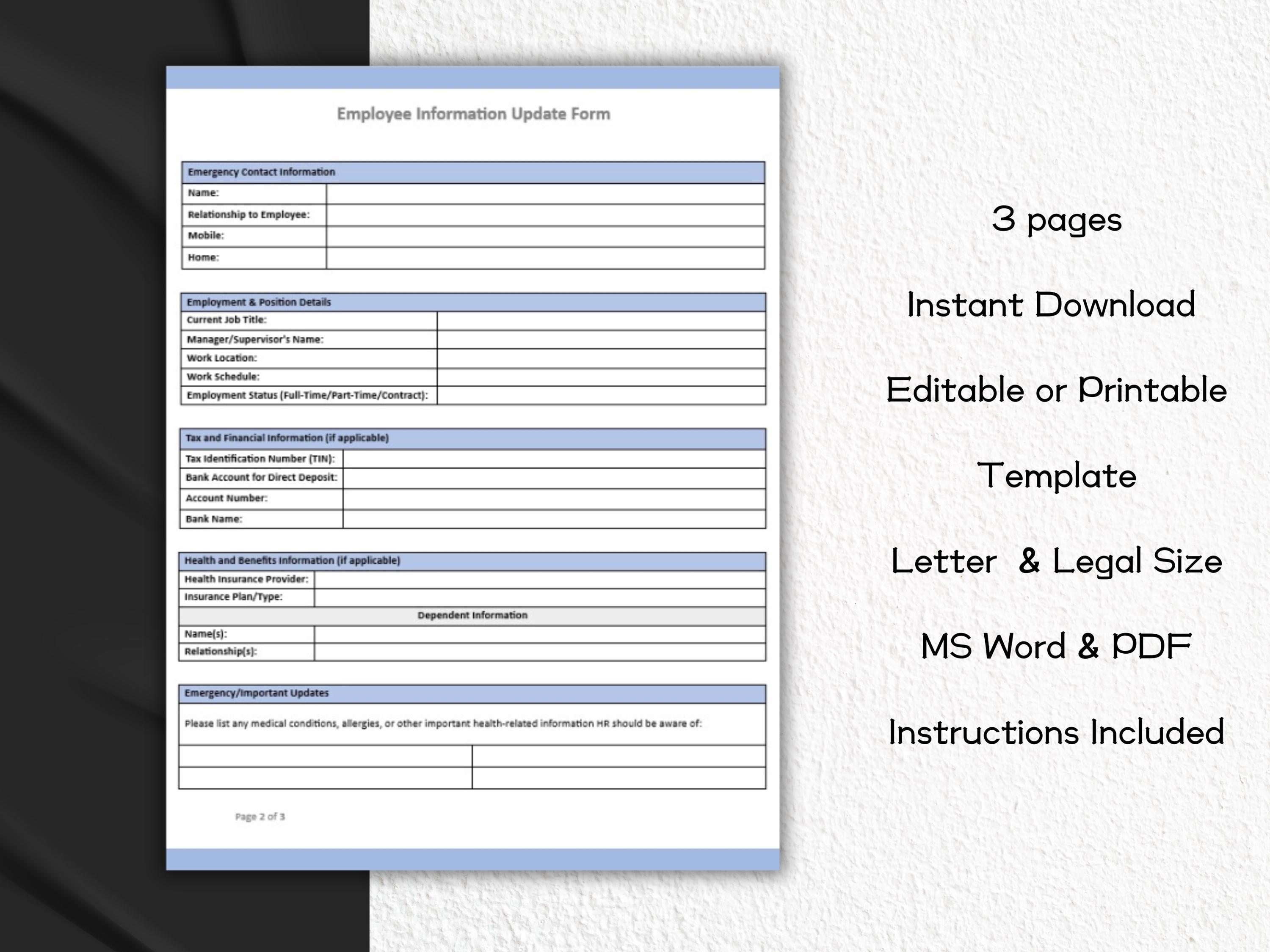 Employee Information Update Form Editable and Printable Template | HR ...