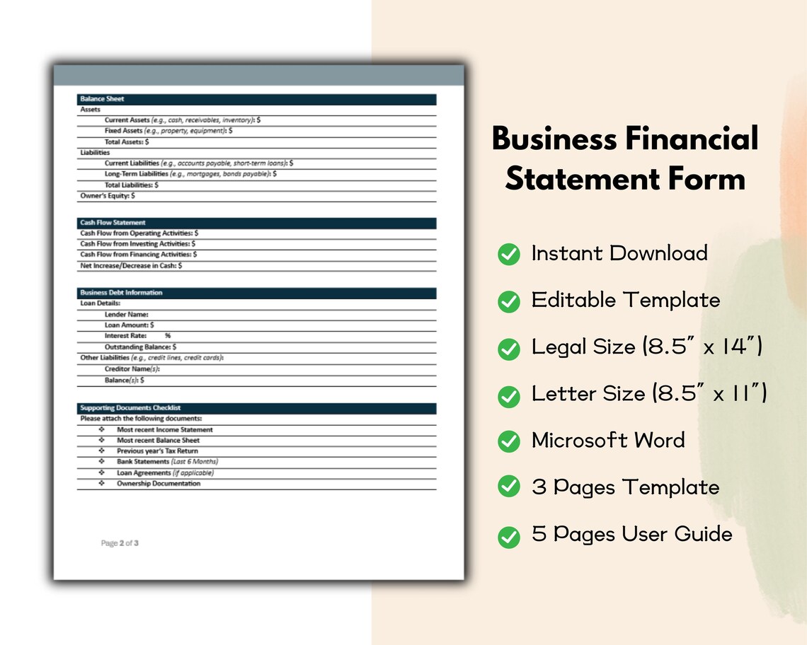 Business Financial Statement Form – Editable and Printable Template for ...