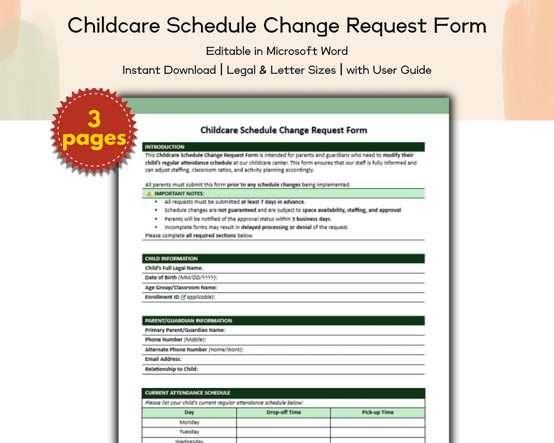 Daycare Childcare Schedule Change Request Form for Daycare Editable and ...