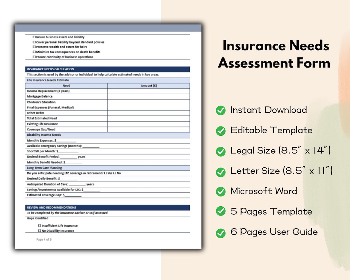 Insurance Needs Assessment Form Editable and Printable Financial ...