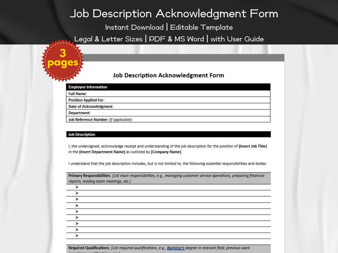 Job Description Acknowledgment Form Editable and Printable Template ...