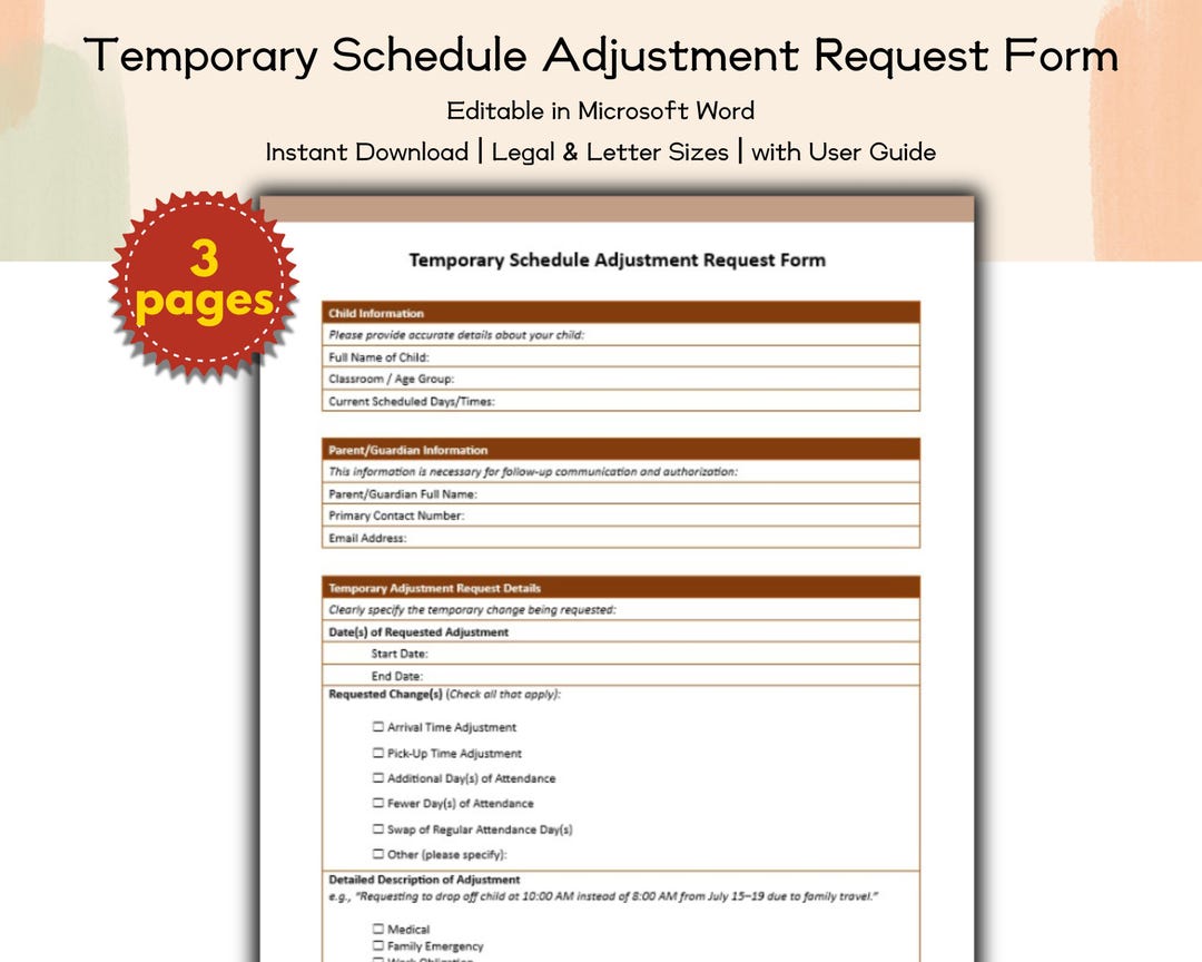Daycare Temporary Schedule Adjustment Request Form Editable and ...