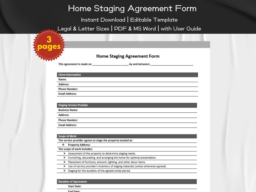Home Staging Agreement Form Editable and Printable Template for Real ...