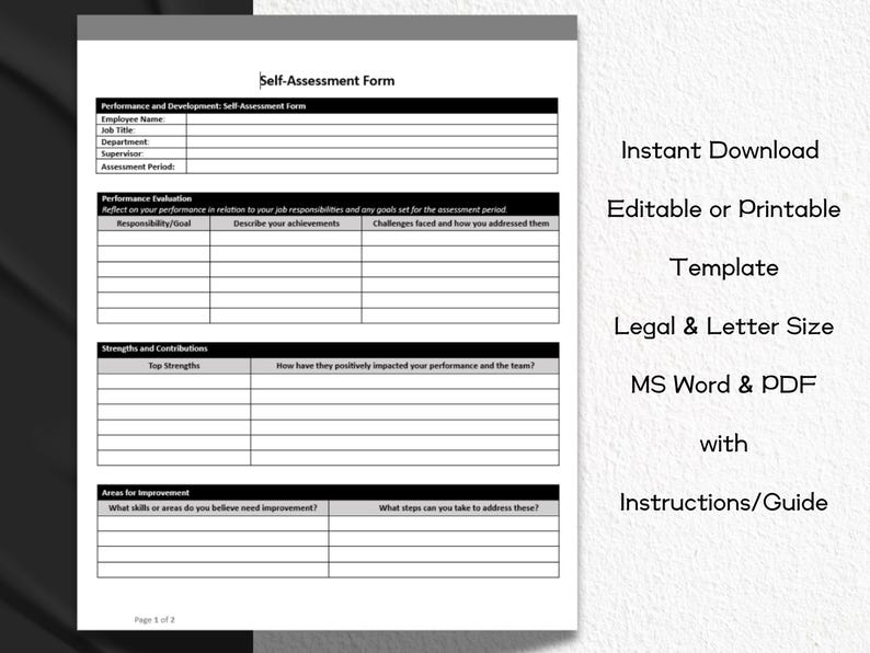 Employee Self-assessment Form Editable and Printable Template | HR ...