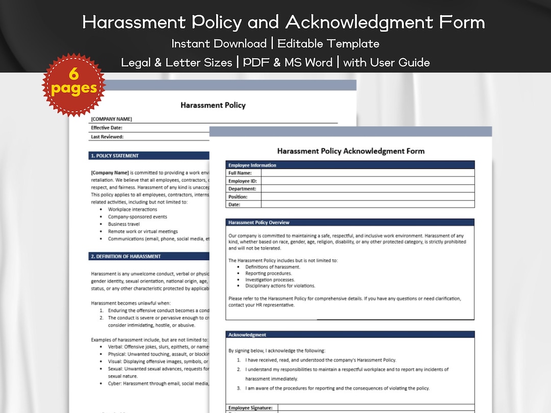Harassment Policy and Acknowledgment Form Editable and Printable ...