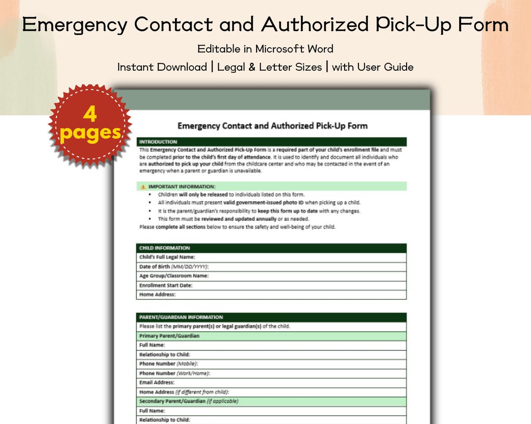 Daycare Emergency Contact and Authorized Pick-up Form for Daycare ...