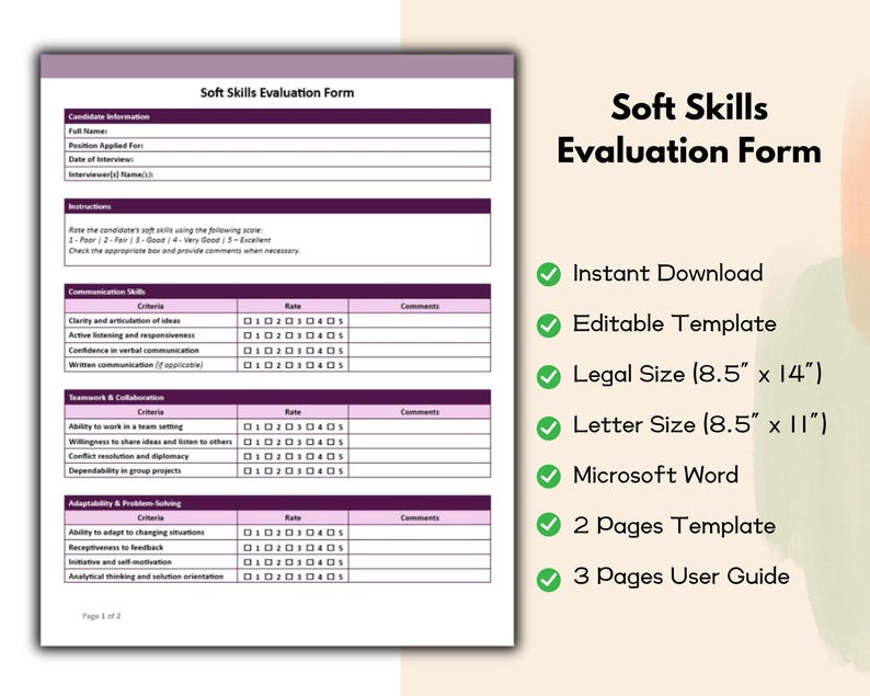 Soft Skills Evaluation Form Editable and Printable Candidate Assessment ...