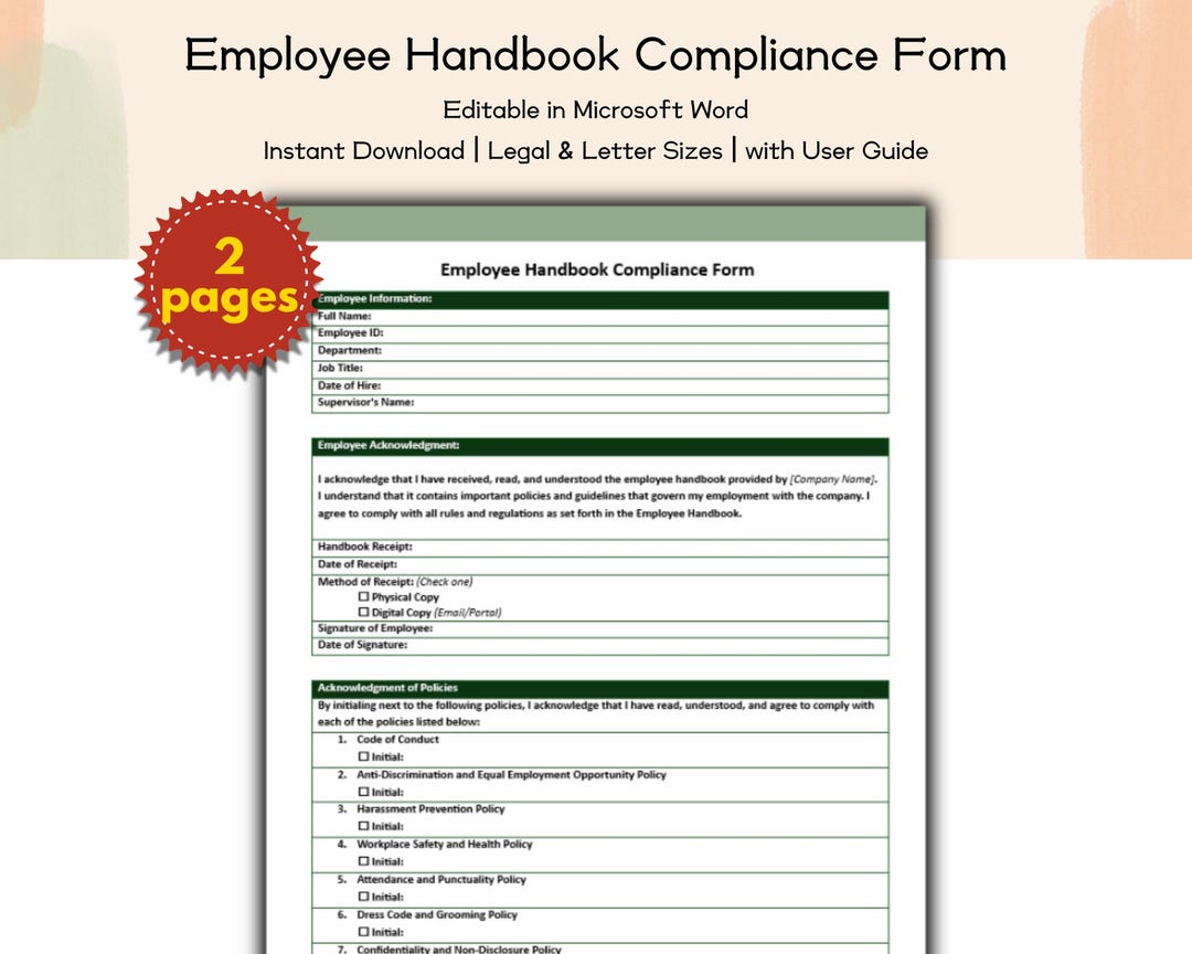 Employee Handbook Compliance Form – Editable and Printable HR Template ...
