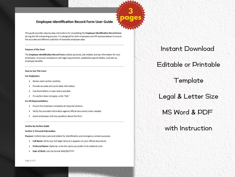 Employee Identification Record Form Editable and Printable Template ...
