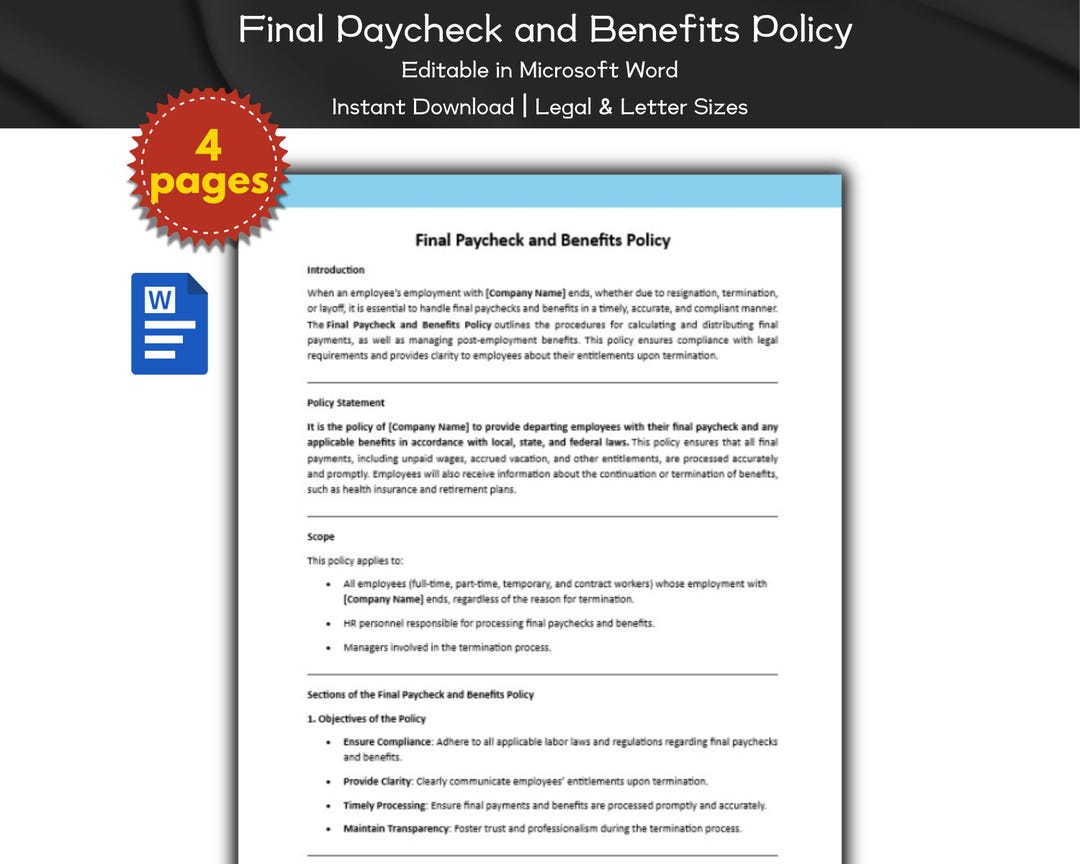 Final Paycheck and Benefits Policy Editable Template | Human Resource ...