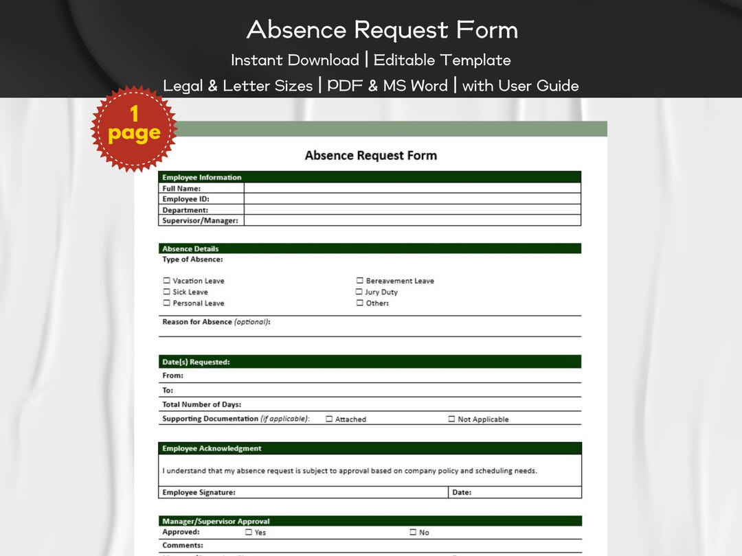Absence Request Form Editable and Printable Template | Employee ...