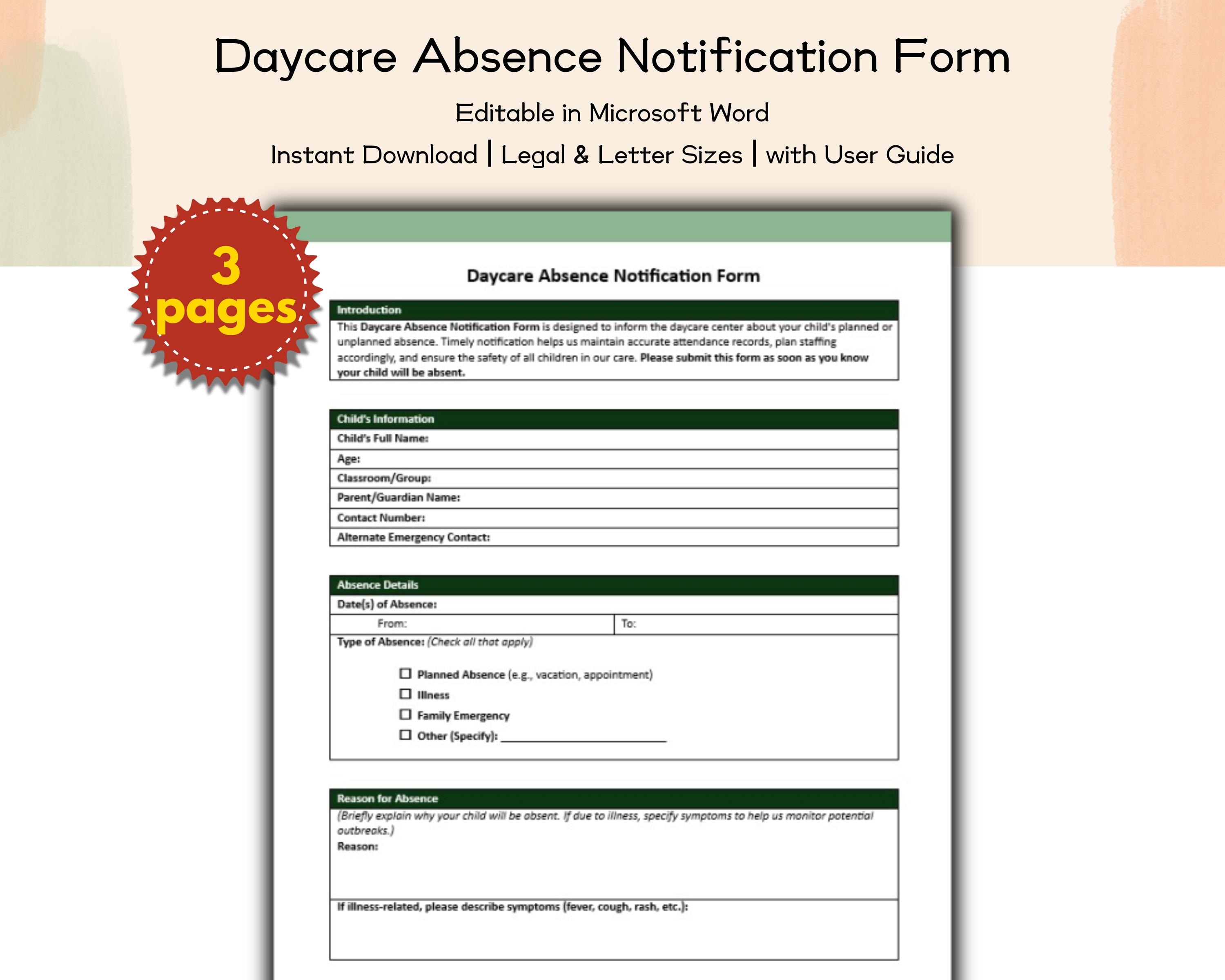 Daycare Absence Notification Form Editable and Printable Template Child ...